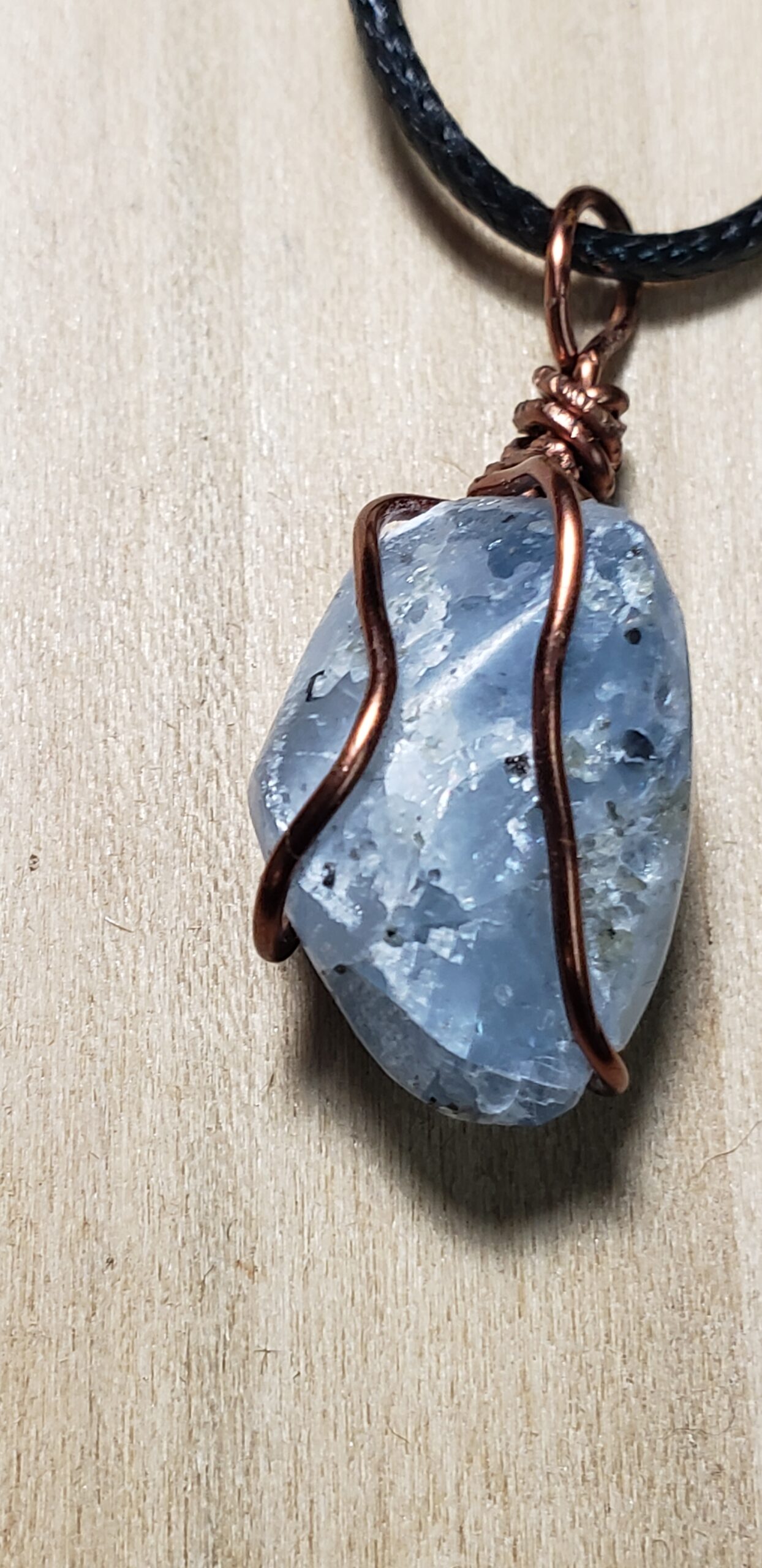 Adirondack Blue Calcite wire wrapped in copper/ on a black cord chain ...